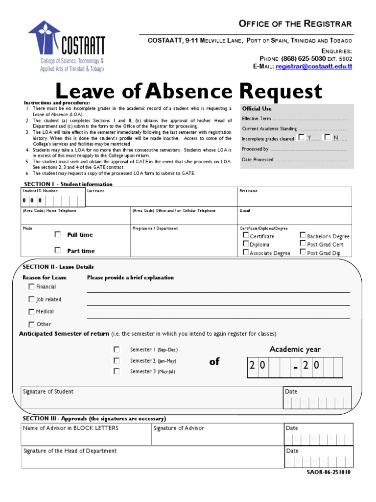 Leave of Absence Request Form | PDF | Academic Degree | Vocational ...