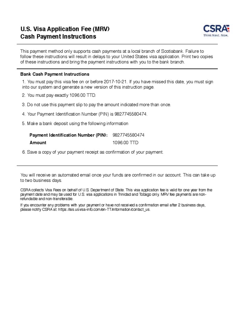U.S. Visa Application Fee (MRV) Cash Payment Instructions | PDF