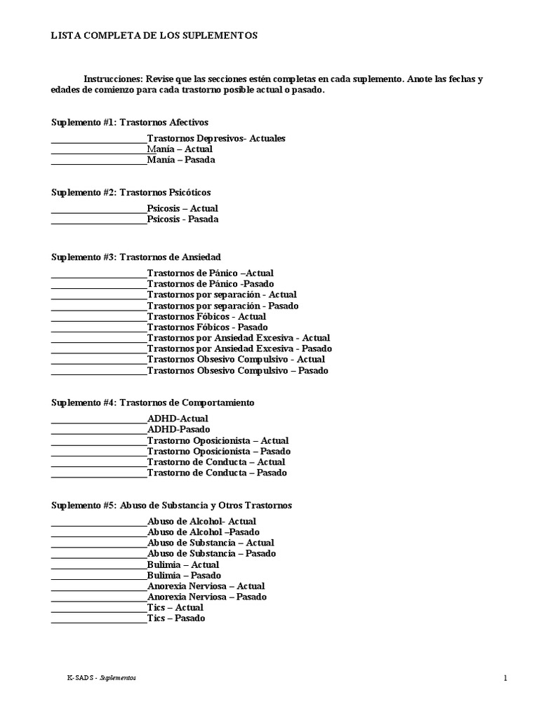 K-SADS Suplemento 1 Ttnos. Afectivos | PDF | Depresión (estado de ánimo ...