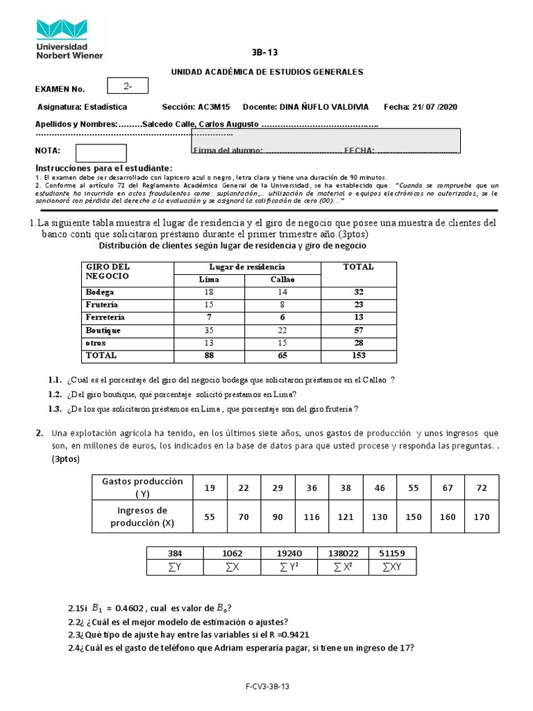 SEGUNDO EXAMEN AC3M15 20201 Estadistica | PDF | Probabilidades y estadísticas | Science