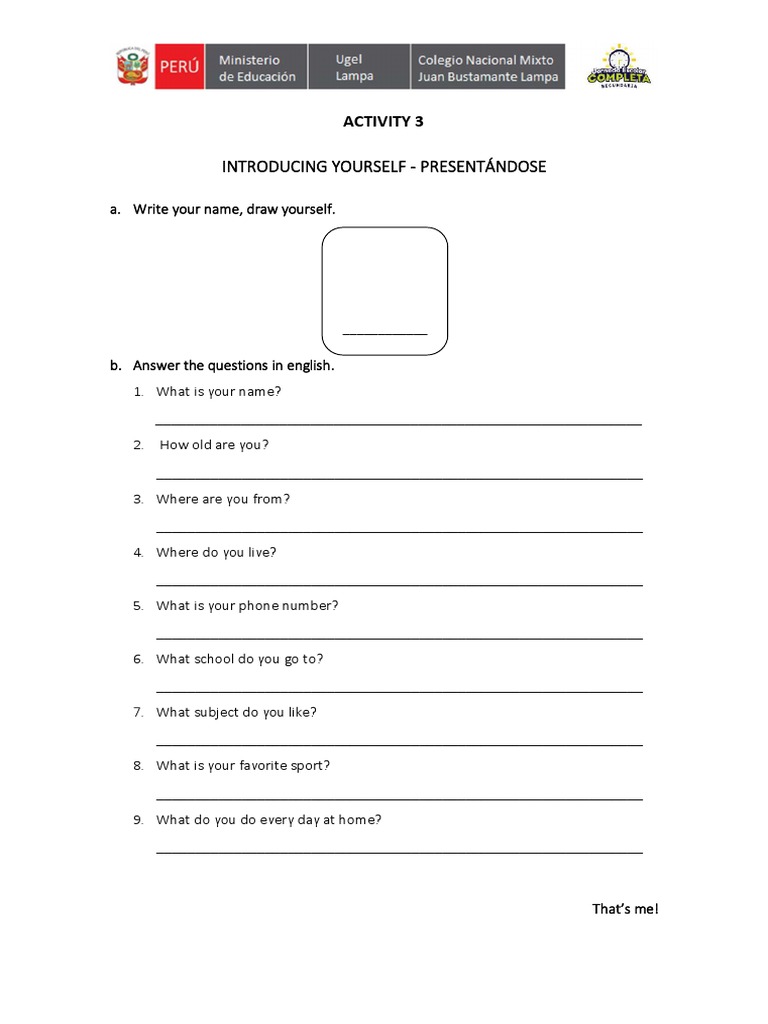 An Introduction to Myself: A Fill-in Activity to Get to Know Basic ...