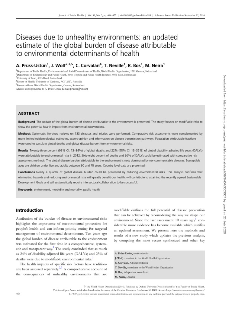 Diseases Due To Unhealthy Environments: An Updated Estimate of The ...