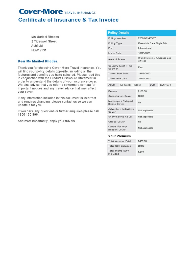 Certificate of Insurance & Tax Invoice: Dear Ms Maribel Rhodes | PDF ...