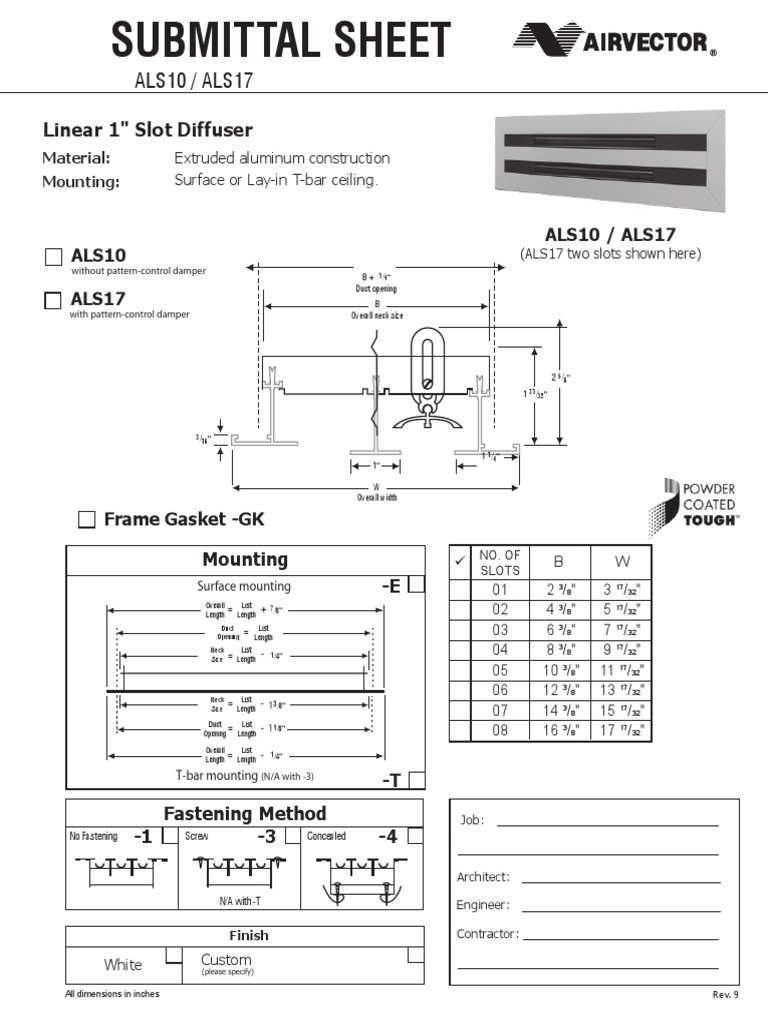 ALS10 / ALS17: Linear 1" Slot Diffuser | PDF | Duct (Flow) | Mechanical ...