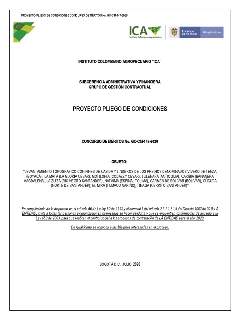 Proyecto Pliego de Condiciones GC-CM-147-2020 PDF | PDF | Colombia | Bogotá