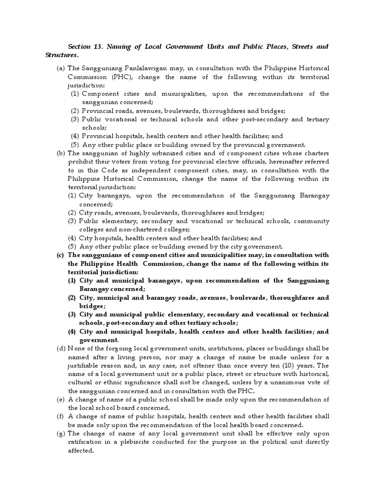 Section 13. Naming of Local Government Units and Public Places, Streets ...