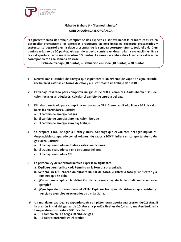 U4 - S5.Ficha de Trabajo 5 - Termodinamica | PDF | Gases | Calor