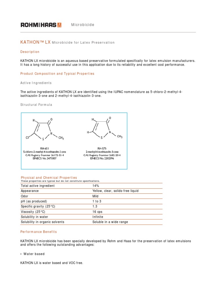 Kathon™ LX: Microbicide For Latex Preservation | PDF | Solubility ...