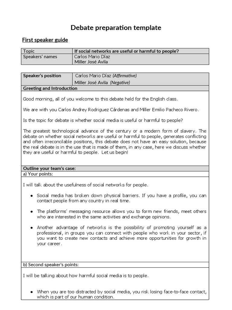Debate Preparation Template: First Speaker Guide | PDF | Social Media ...