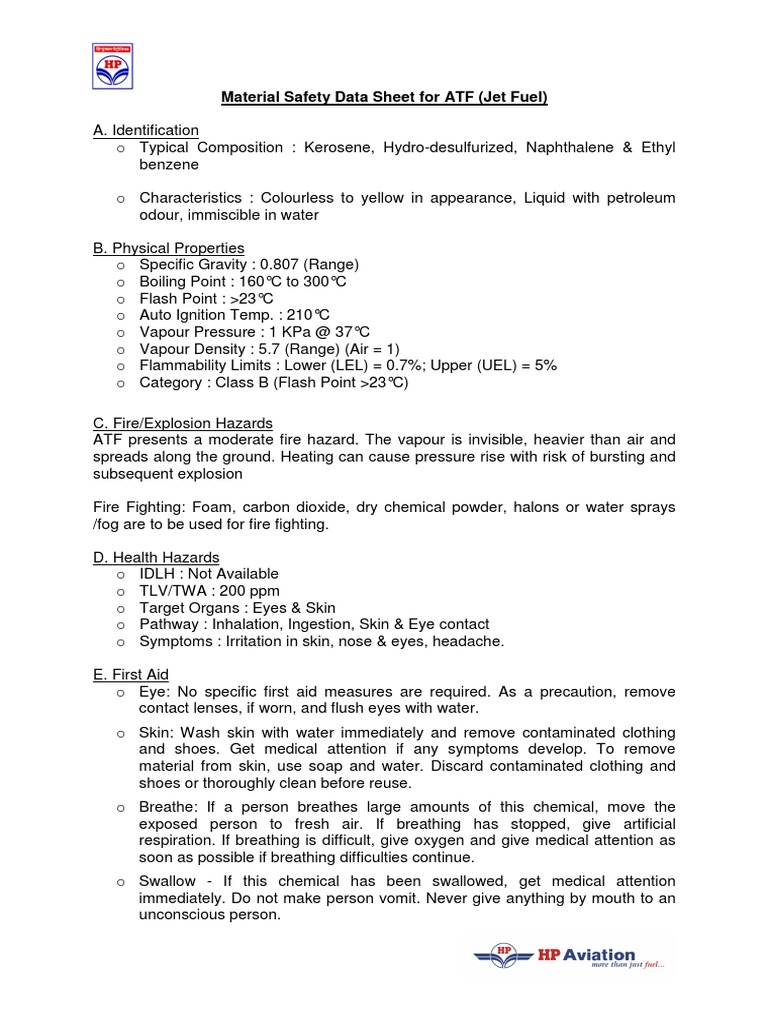 Material Safety Data Sheet For ATF (Jet Fuel) | PDF