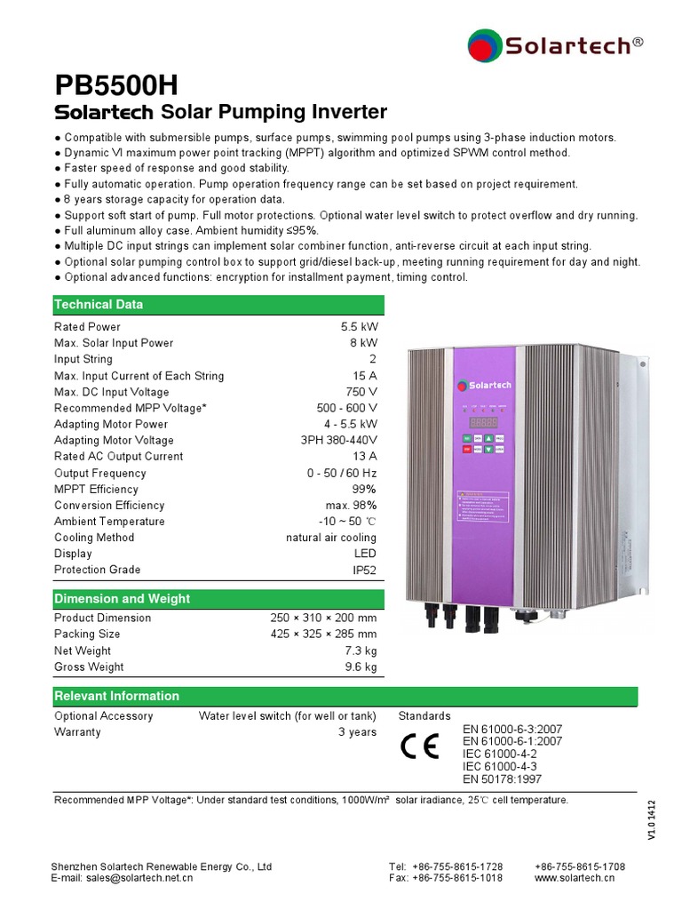 Solartech Solar Pumping Inverter: Technical Data | PDF | Electric Motor ...