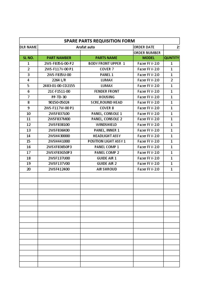 Spare Parts Requisition Form: Arafat Auto 21.11.17 SL No. Part Namber ...