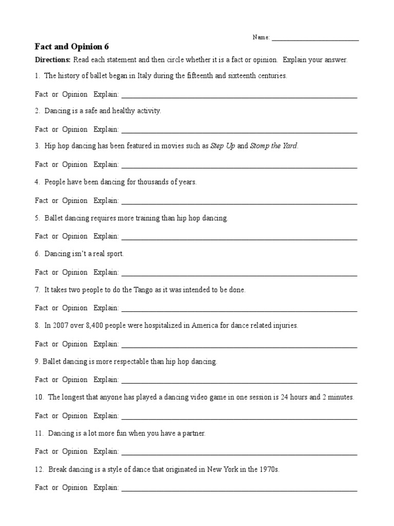 Fact and Opinion Worksheet for Dance | PDF | Dances | Performing Arts