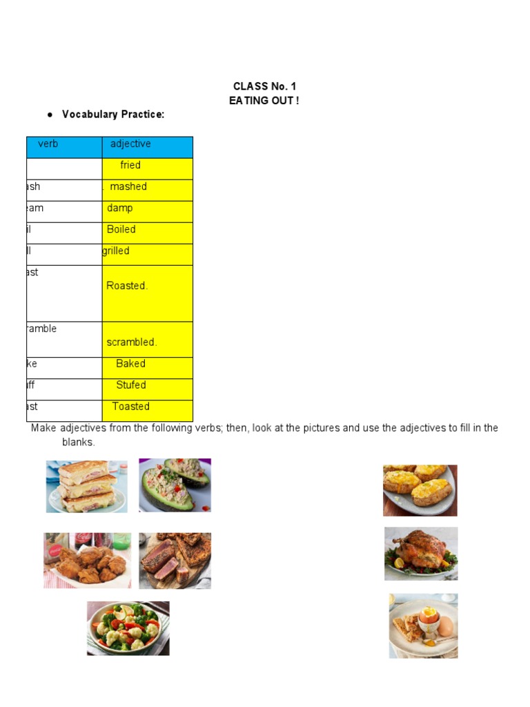 Class No. 1 Eating Out ! Vocabulary Practice | PDF | Foods | Cooking