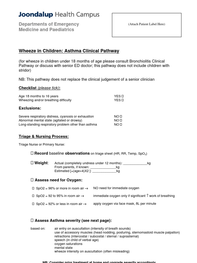 Wheeze in Children: Asthma Clinical Pathway: Departments of Emergency ...