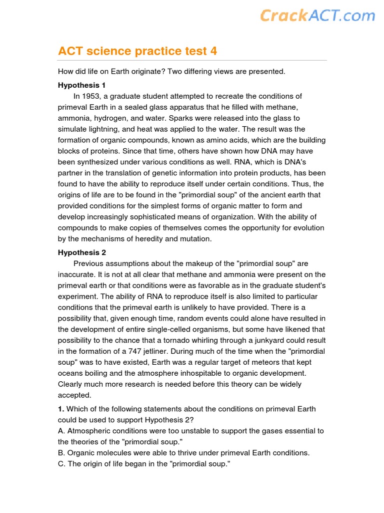 ACT Science Practice Test 4 | PDF | Abiogenesis | Ice Age