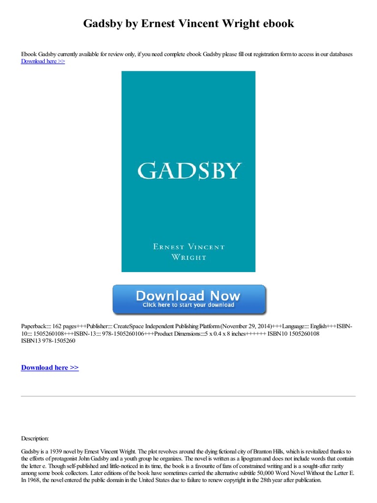 Gadsby by Ernest Vincent Wright Ebook: Download Here | PDF