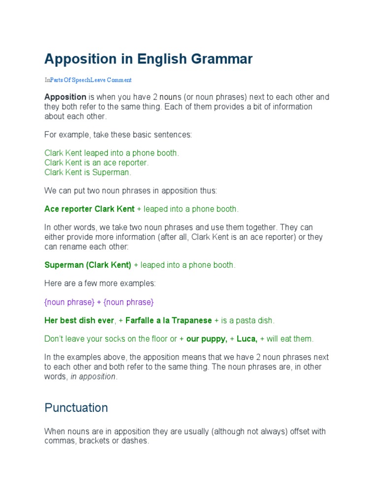 Apposition in English Grammar: Punctuation | PDF | Phrase | Noun