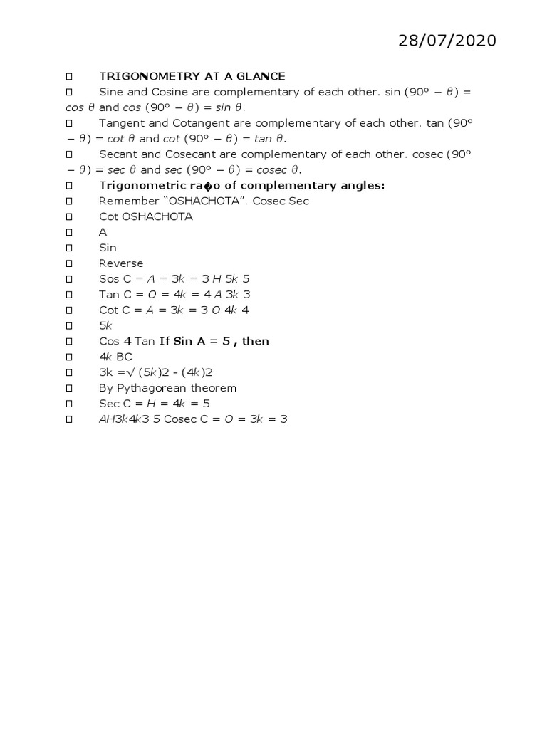 Class 10 Trigonometry Formulas Guide | PDF | Trigonometric Functions | Sine