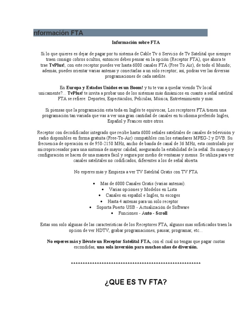 nformación FTA | PDF | Televisión via satélite | Televisión