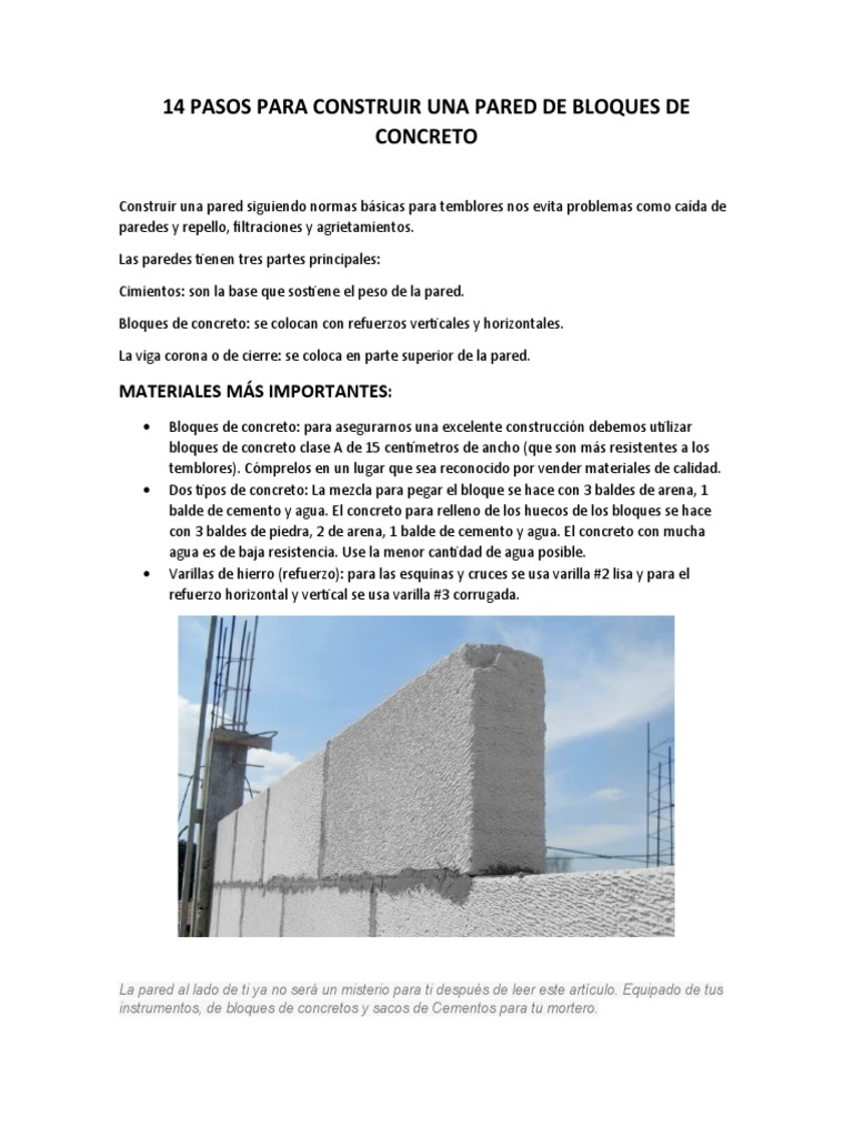 14 Pasos para Construir Una Pared de Bloques de Concreto | PDF ...