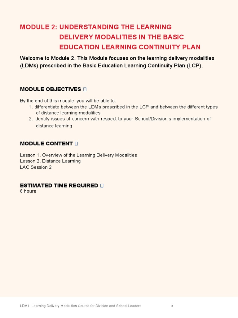 Module 2: Understanding The Learning Delivery Modalities in The Basic ...