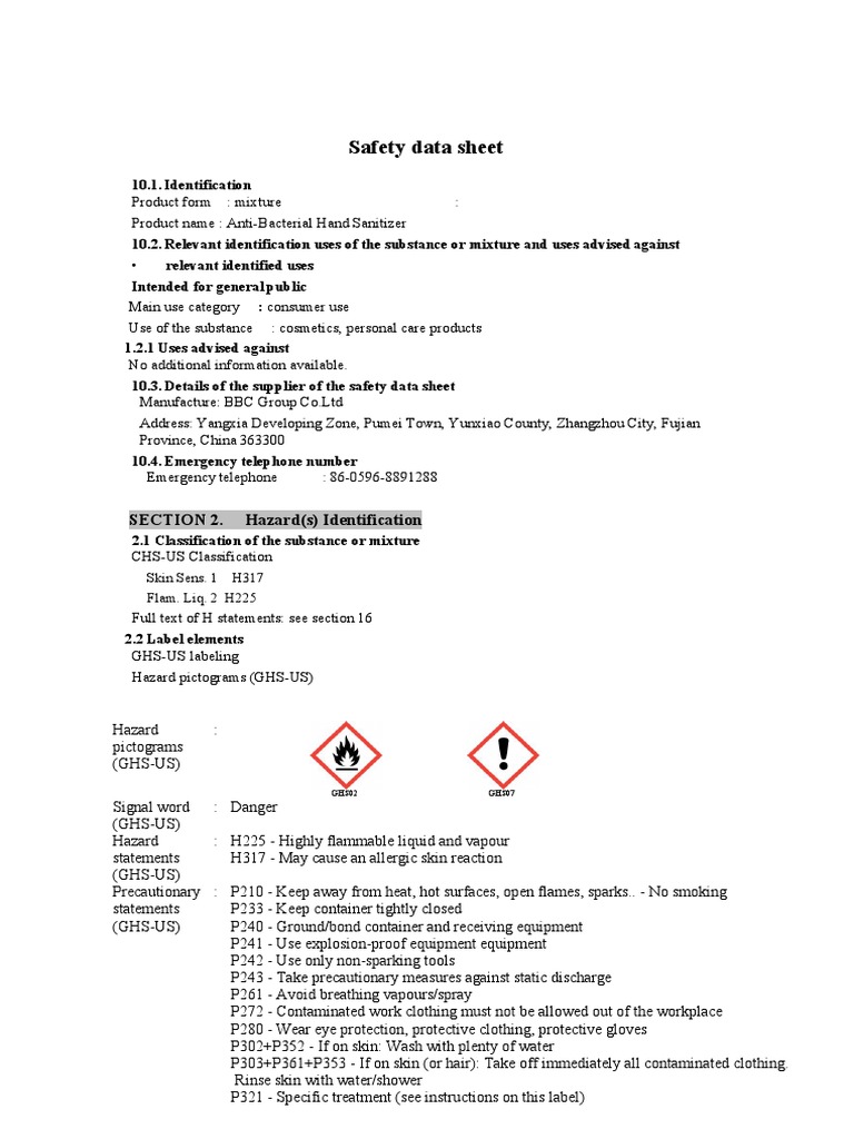 Msds For Anti Bacterial Hand Sanitizer 62 Alcohol Download Free