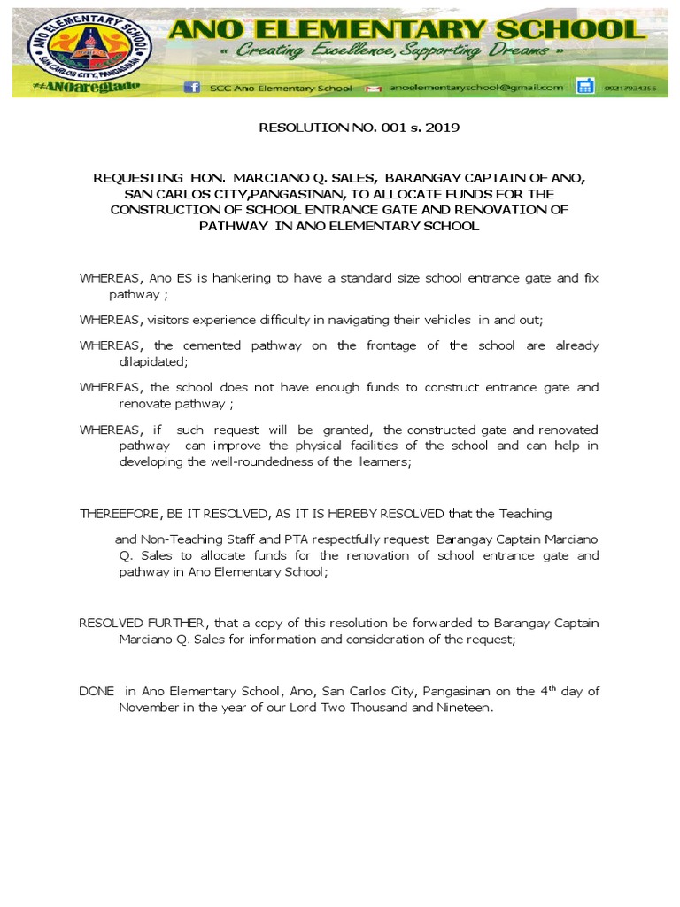 RESOLUTION NO. 001 S. 2019 | PDF