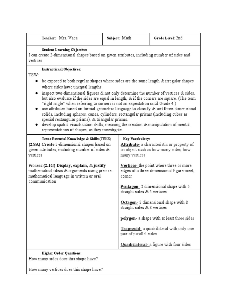 Teacher: Subject: Grade Level: Student Learning Objective:: (2.8A ...