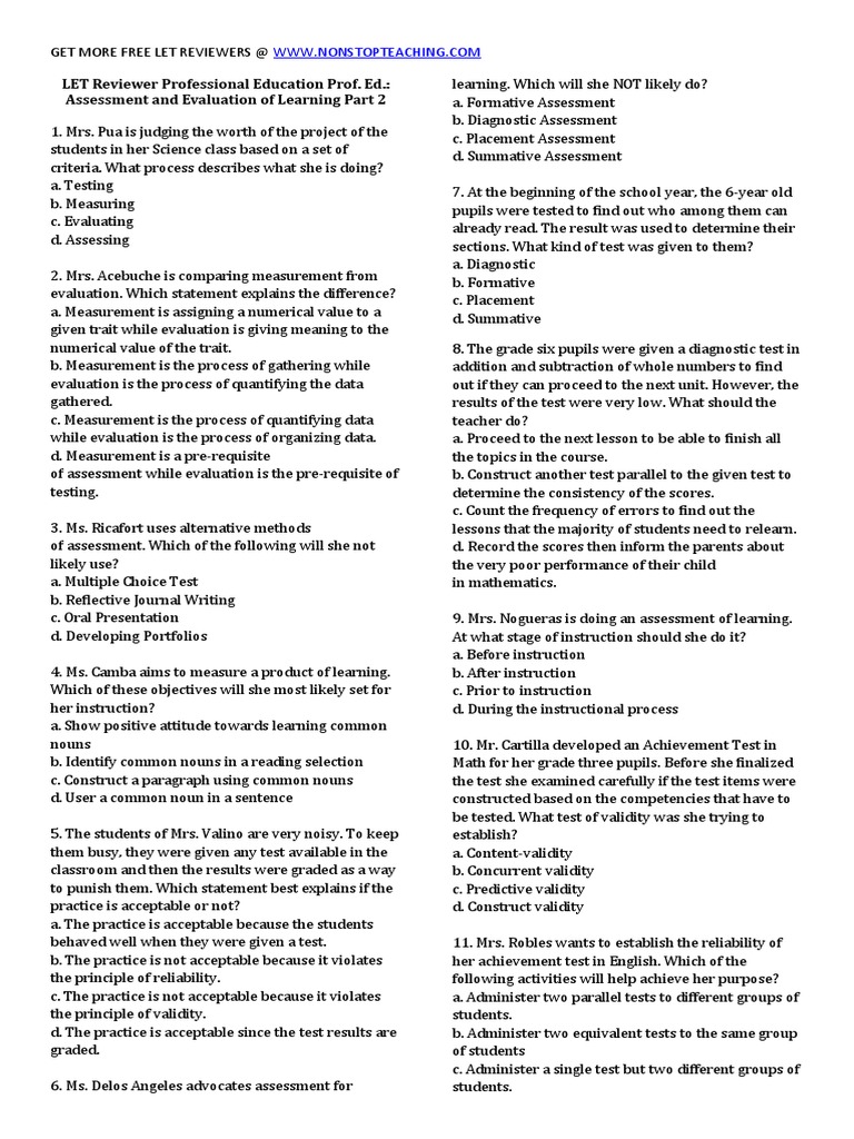 LET Reviewer Professional Education Prof. Ed.: Assessment and ...
