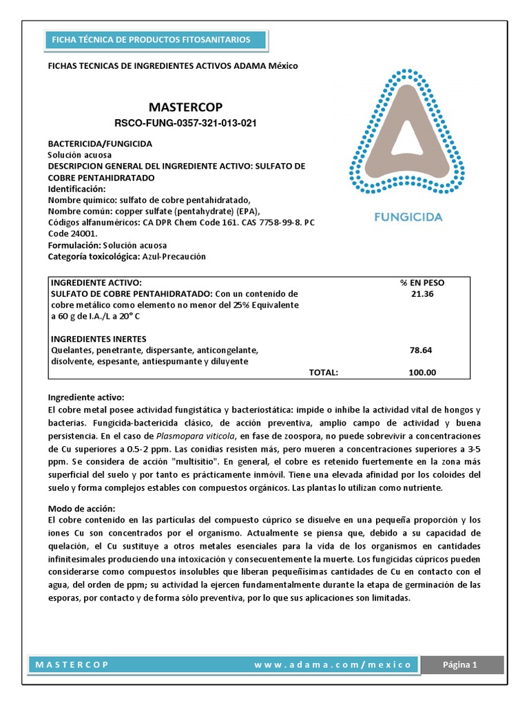 Ficha Tecnica Mastercop Adama PDF | PDF | Cobre | Pesticida