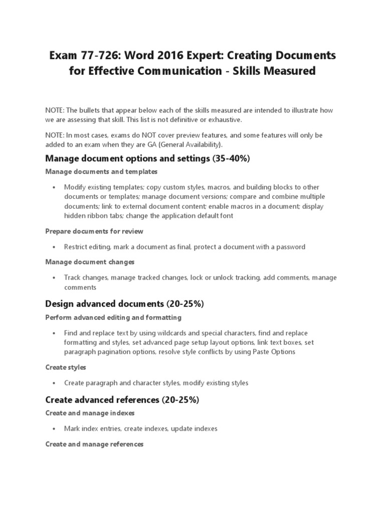 Exam 77 726 Word 2016 Expert Creating Documents For Effective ...