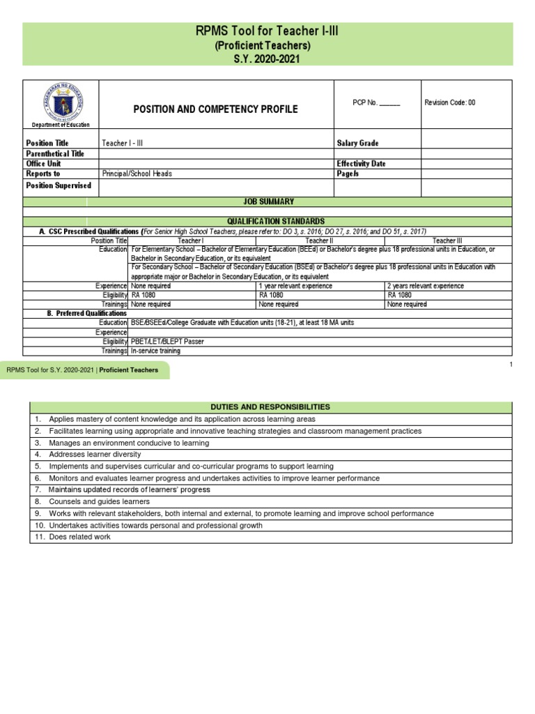 RPMS Tool SY 2020-2021 For Proficient Teacher PDF | PDF | Teachers ...