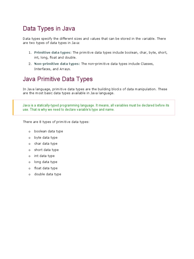 Data Types in Java | Download Free PDF | Data Type | Integer (Computer Science)