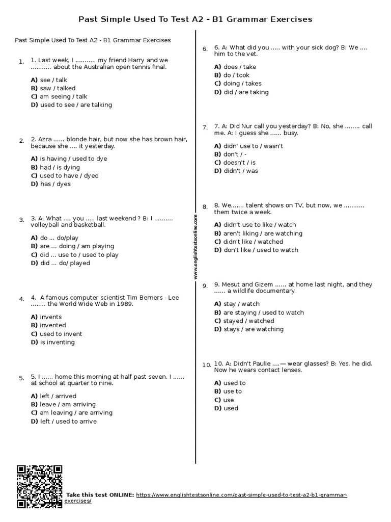 Past Simple and Used To Test A2-B1 | PDF | Plants