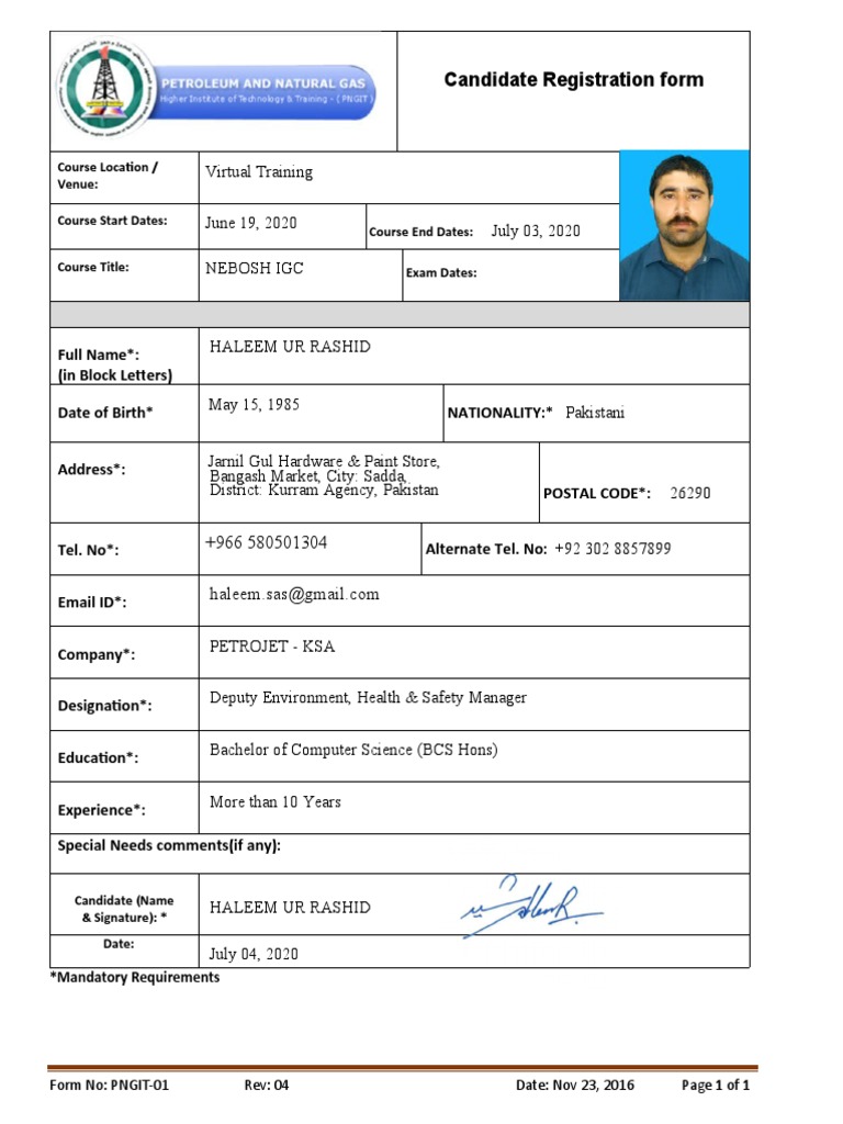 NEBOSH IGC Candidate Registration Form | PDF