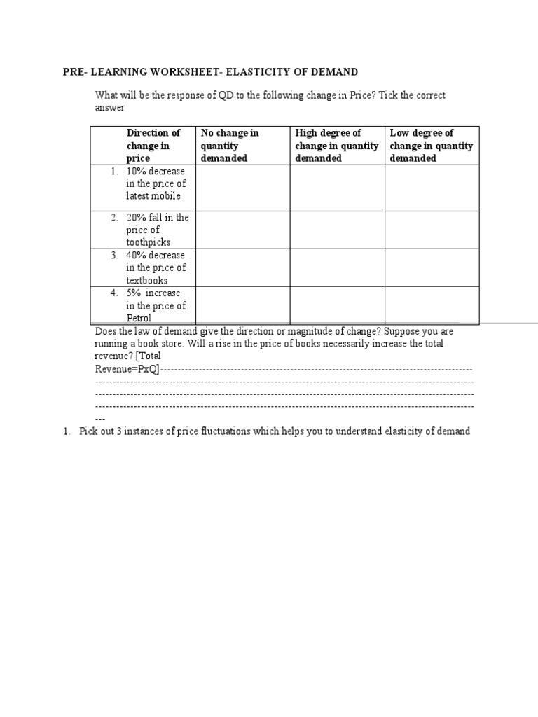 Elasticity Of Demand Worksheet Elasticity Of Demand And Supply Word