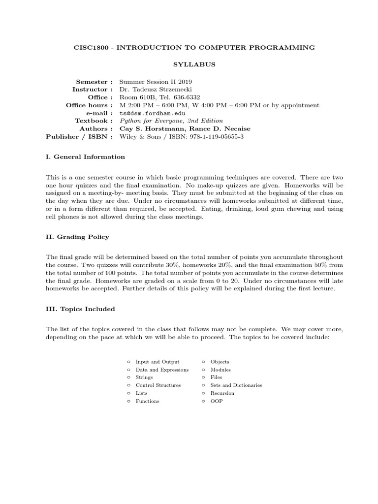 Cisc 1800 Introduction To Computer Programming Strzemecki 2019 Pdf