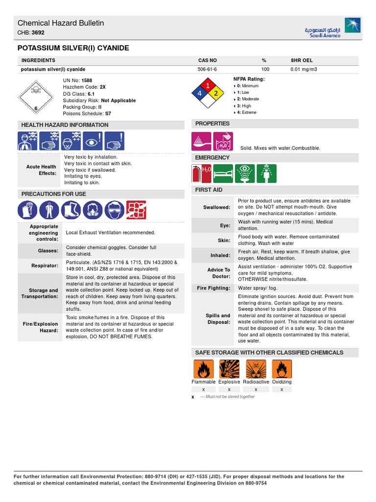 Chemical Hazard Bulletin: Potassium Silver (I) Cyanide | PDF | Cyanide ...