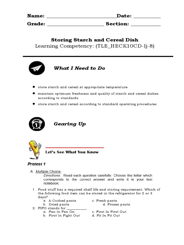 Lesson 12 Storing Starch and Cereal Dishes | PDF | Pasta | Shelf Life