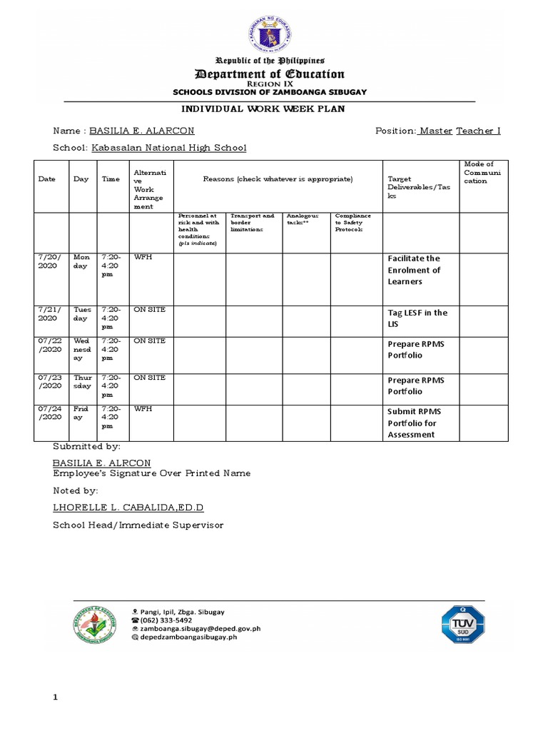 Individual Work Week Plan | PDF | Business