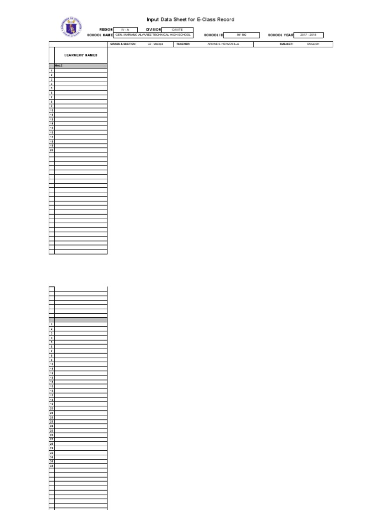 Input Data Sheet For E-Class Record: Region Division School Name School ...