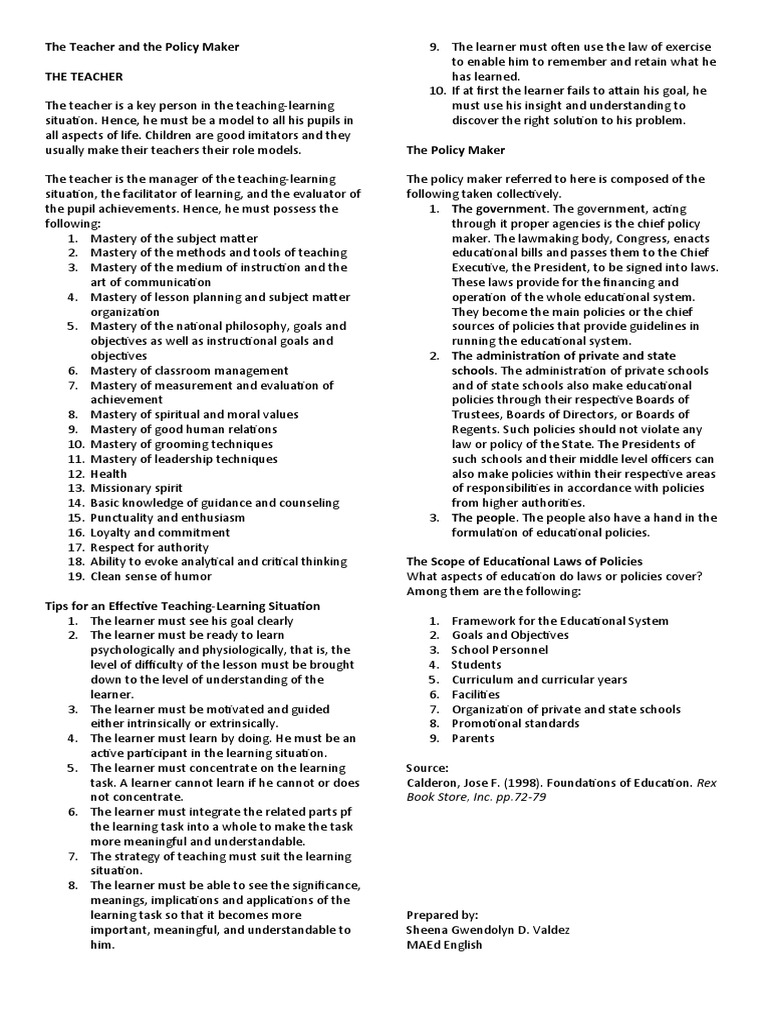The Teacher and The Policy Maker Handout | PDF | Teachers | Curriculum