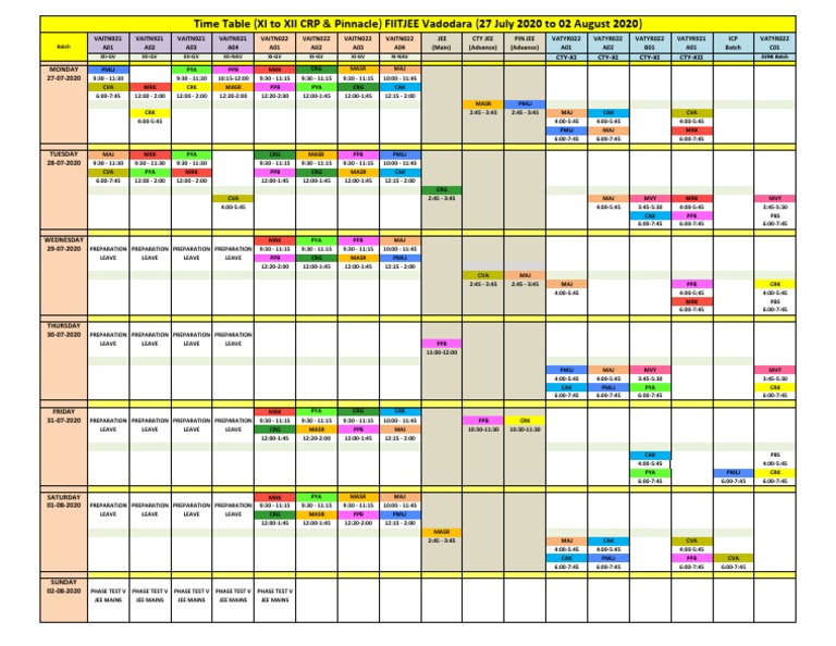 Time Table (XI To XII CRP & Pinnacle) FIITJEE Vadodara (27 July 2020 To 02 August 2020) | PDF