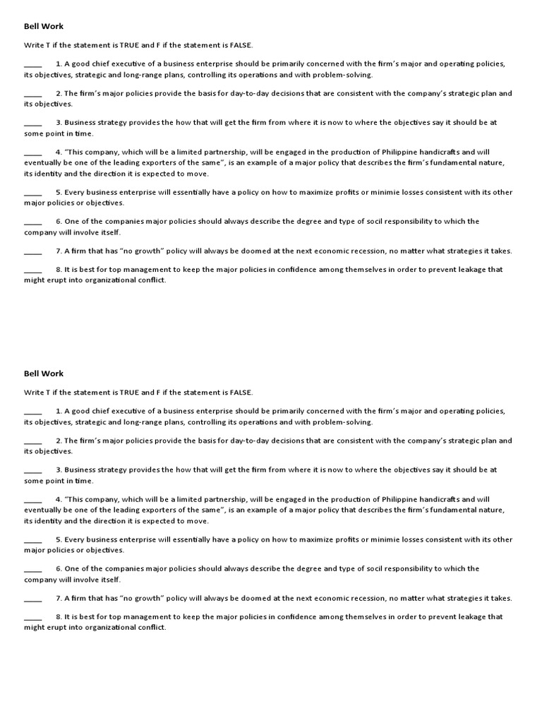 Bell Work 1 | PDF | Strategic Management | Corporate Social Responsibility