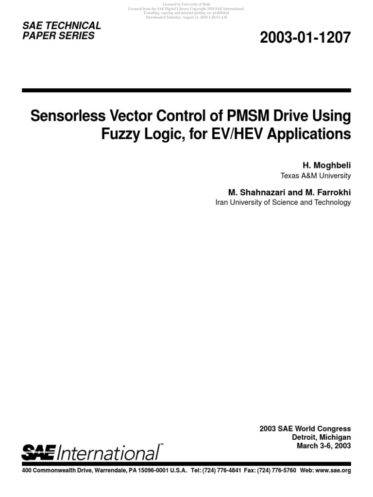 Sensorless Vector Control of PMSM Drive Using Fuzzy Logic, For EV HEV Applications | PDF ...
