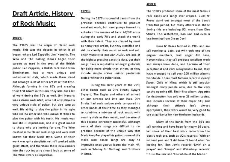 Draft Article History of Rock Music | PDF | Rock Music | Hard Rock