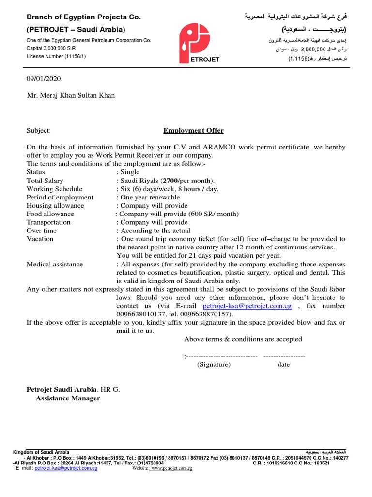 Employment Offer Sultan WPR | PDF | Saudi Arabia | Employment