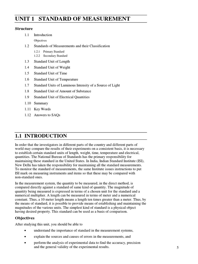 Unit 1 Standard of Measurement: Structure | PDF | Kilogram | Metre
