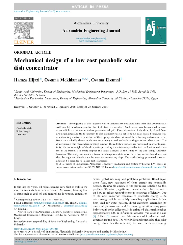 Mechanical Design of A Low Cost Parabolic Solar Dish Concentrator | PDF ...